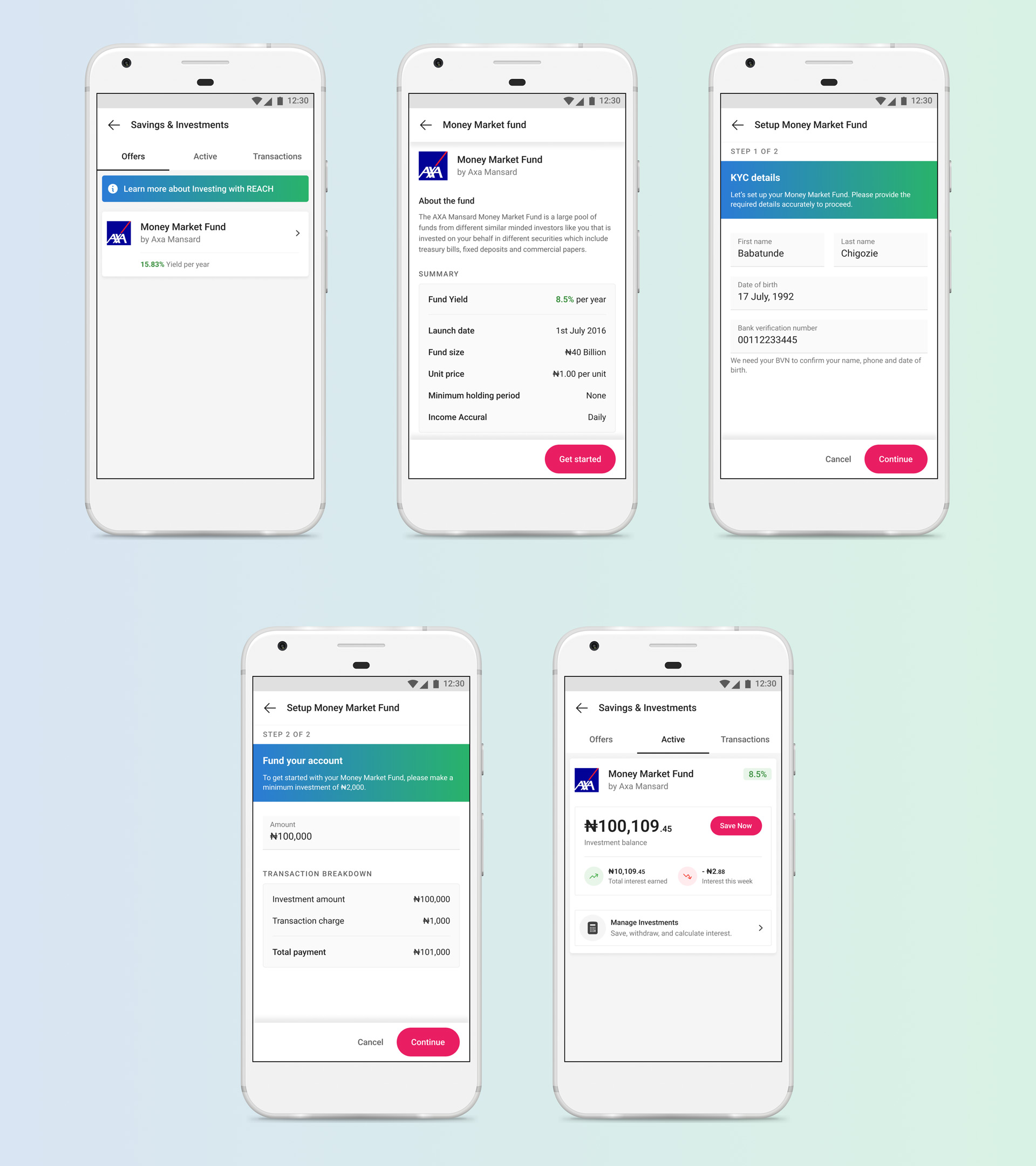 Showcase of some screens from the investment feature.
